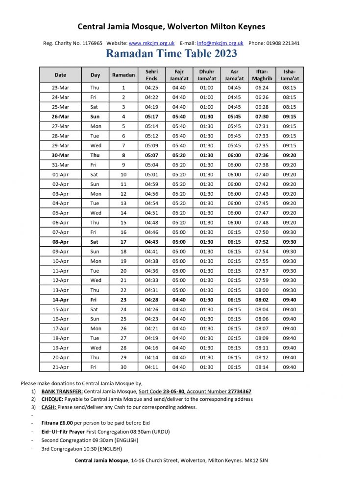 RAMADAN TIMETABLE – Central Jamia Mosque Wolverton Milton Keynes