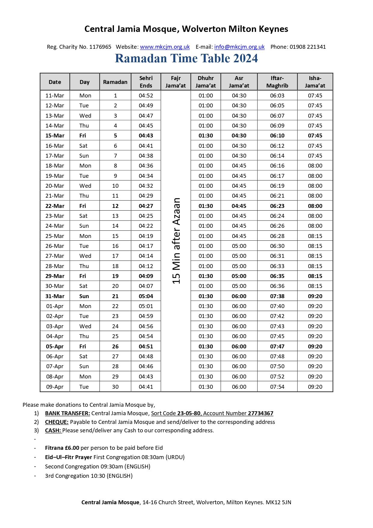 RAMADAN TIMETABLE – Central Jamia Mosque Wolverton Milton Keynes